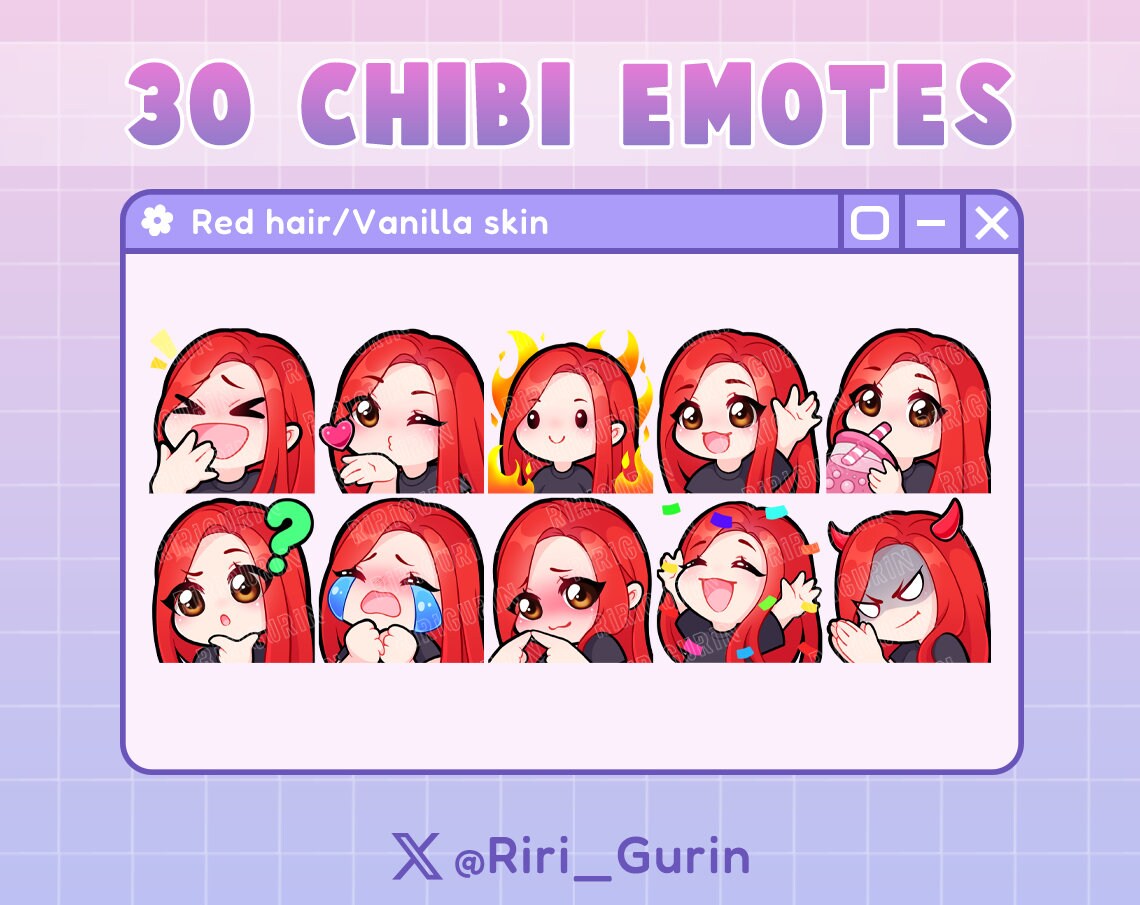 SUPER SET Cute Girl Chibi Emotes vanilla Skin/red Hair for Twitch ...