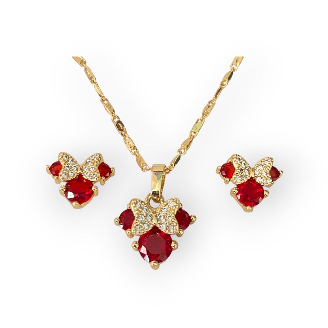 14k Bonded Gold Necklace With Minnie Mouse Set With Set of Earrings P30 - Etsy