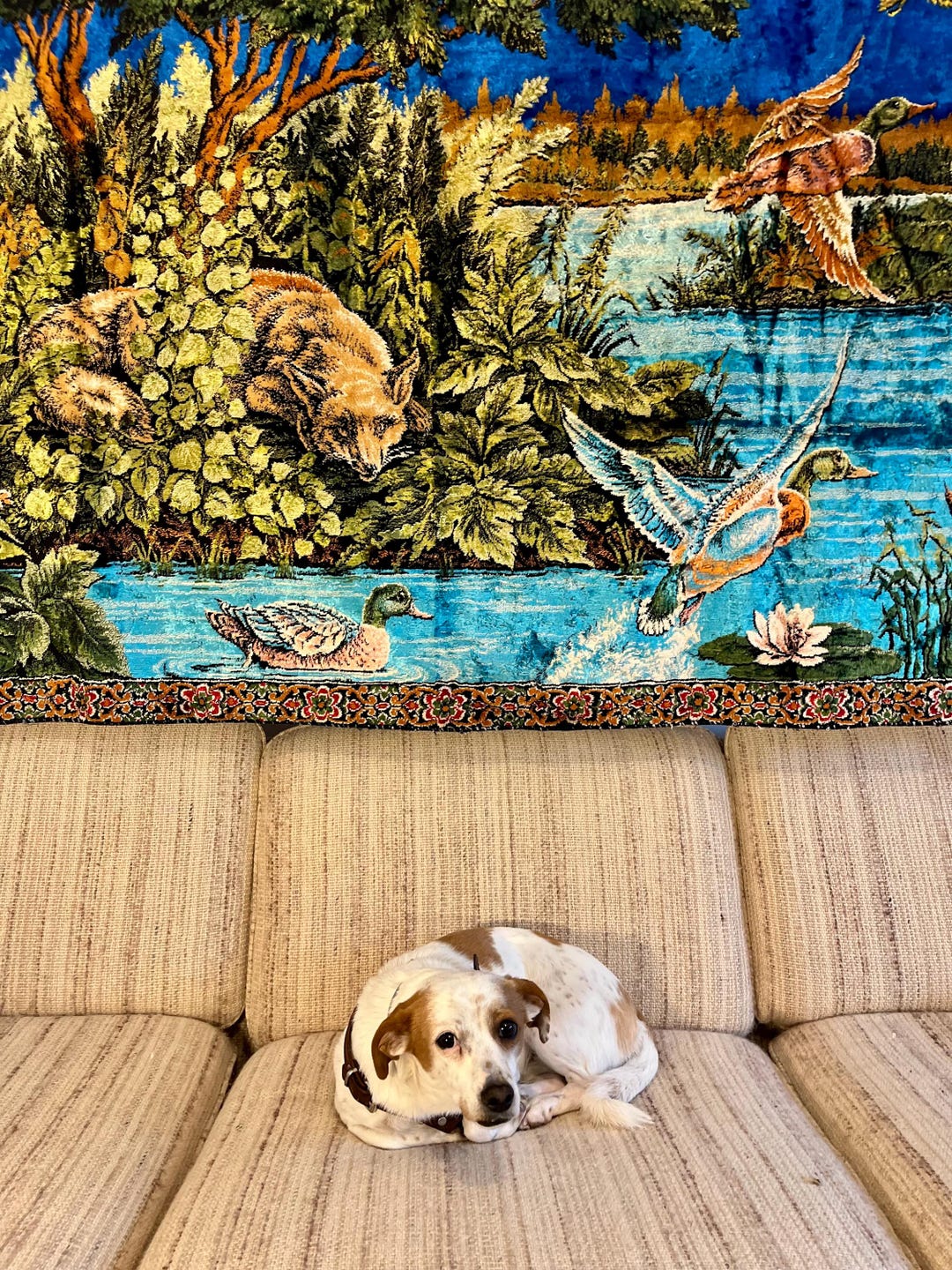 Vintage Tapestry Fox Hunting Ducks Scene in Blue Green Scenery Nature ...