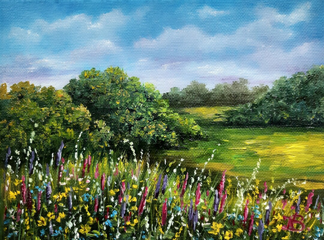 Summer Meadow Painting Rustic Landscape Wildflower Painting - Etsy