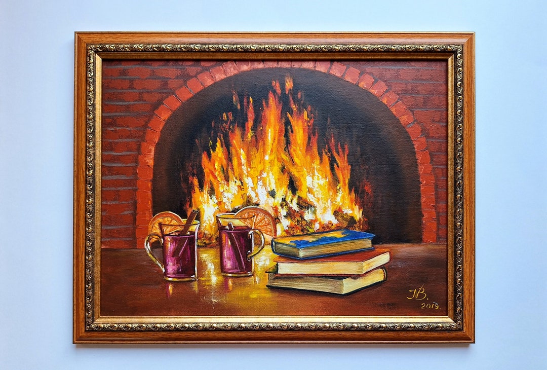 Evening by the Fireplace Still Life With Punch Books Painting Christmas ...