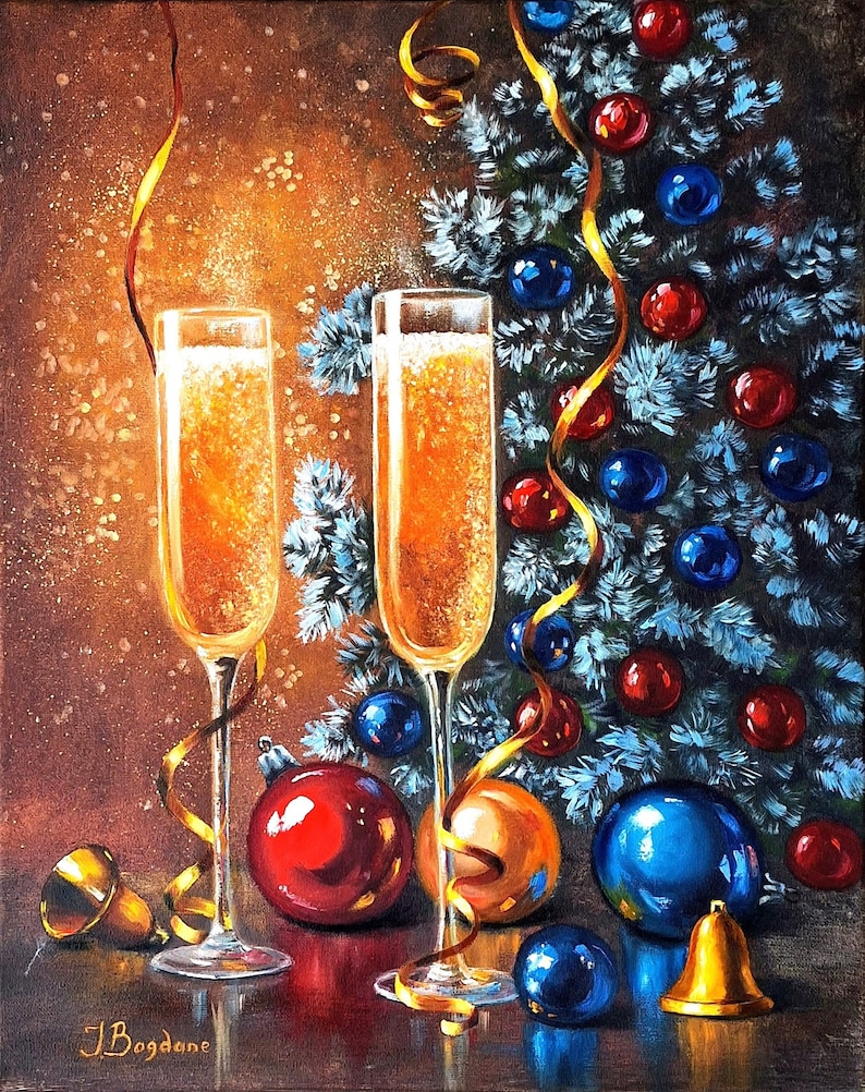 New Year Champagne, Christmas Tree Oil Painting, Holiday Still Life - Etsy