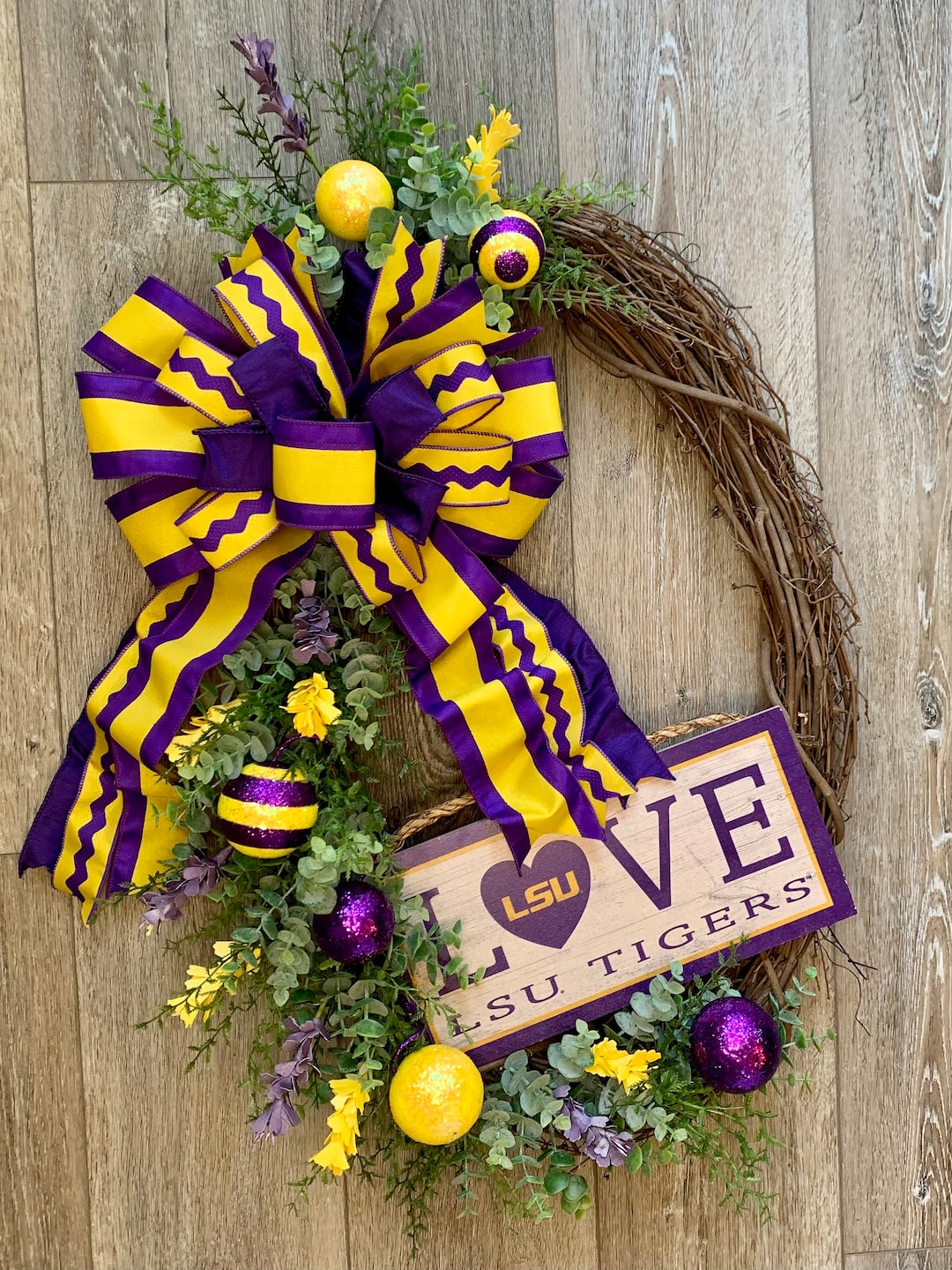Purple and Gold Football Wreath With Tigers Ribbons for Front Door ...