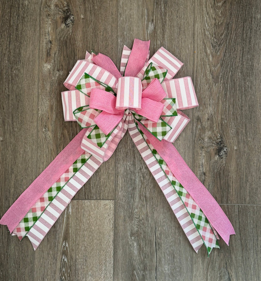 Pink Wreath Bow, Pink and Plaid Bow for Wreath, Door Hanger, and ...