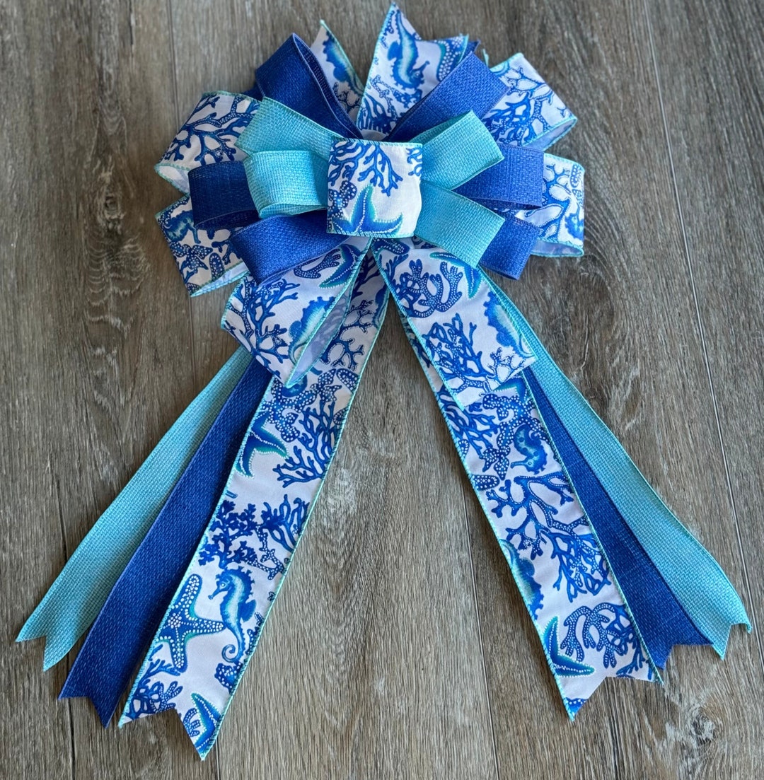 Beach Wreath Bow, Summer Bow, Blue Coral Bow, Blue Starfish Bow, Blue ...