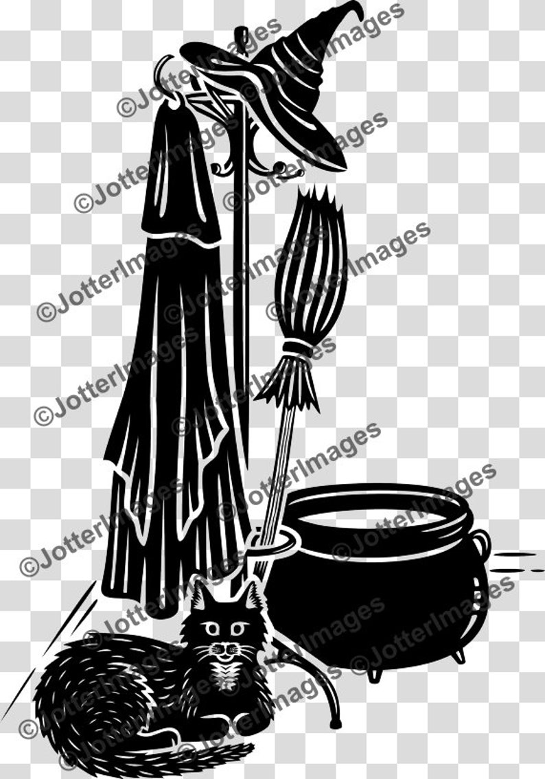 Halloween Witch Clipart: Cloak, Hat, Broom, Cat & Cauldron (SVG, PNG ...