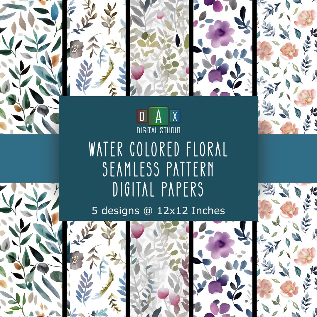 Watercolor Floral Seamless Pattern Digital Paper, Set of 5 (digital ...