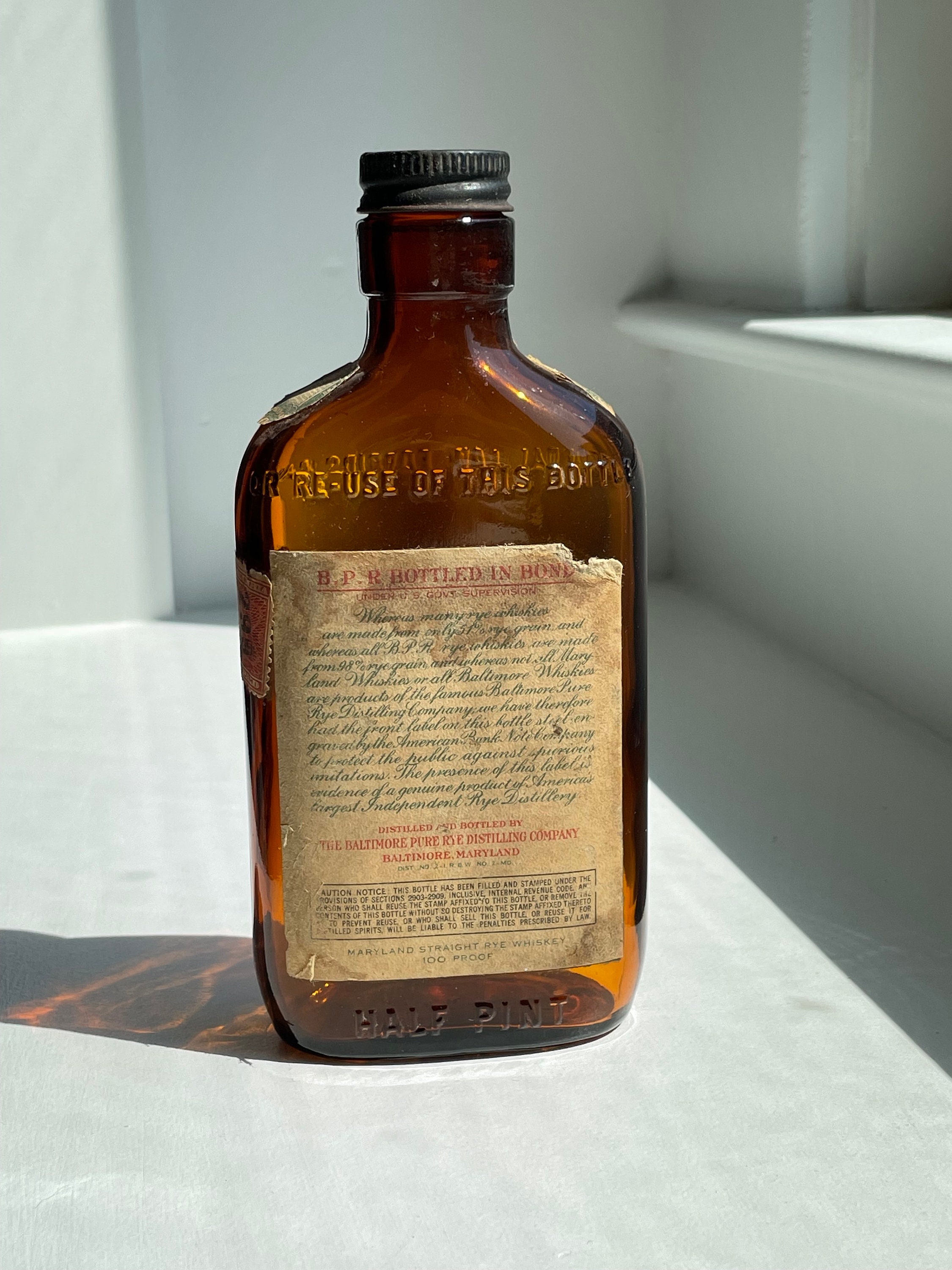 Baltimore Pure Rye Whiskey Bottle Half Pint Flask C. 1943 - Etsy