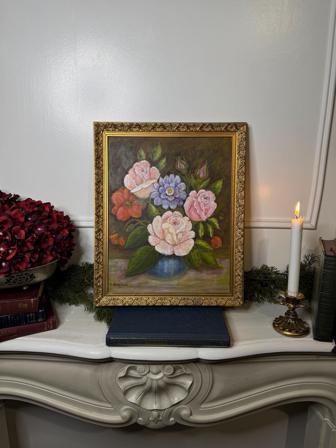 Vintage Floral Oil Painting by E. Henstock: Antique Gold Frame 43 X 35 ...