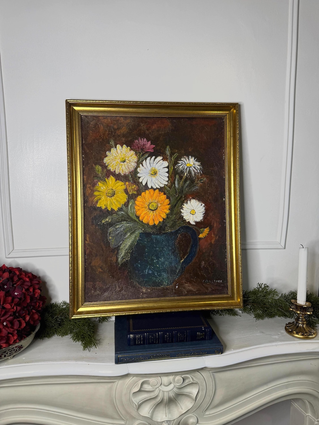 Vintage Floral Oil Painting by E. Henstock: Antique Gold Frame 56 X 46 ...