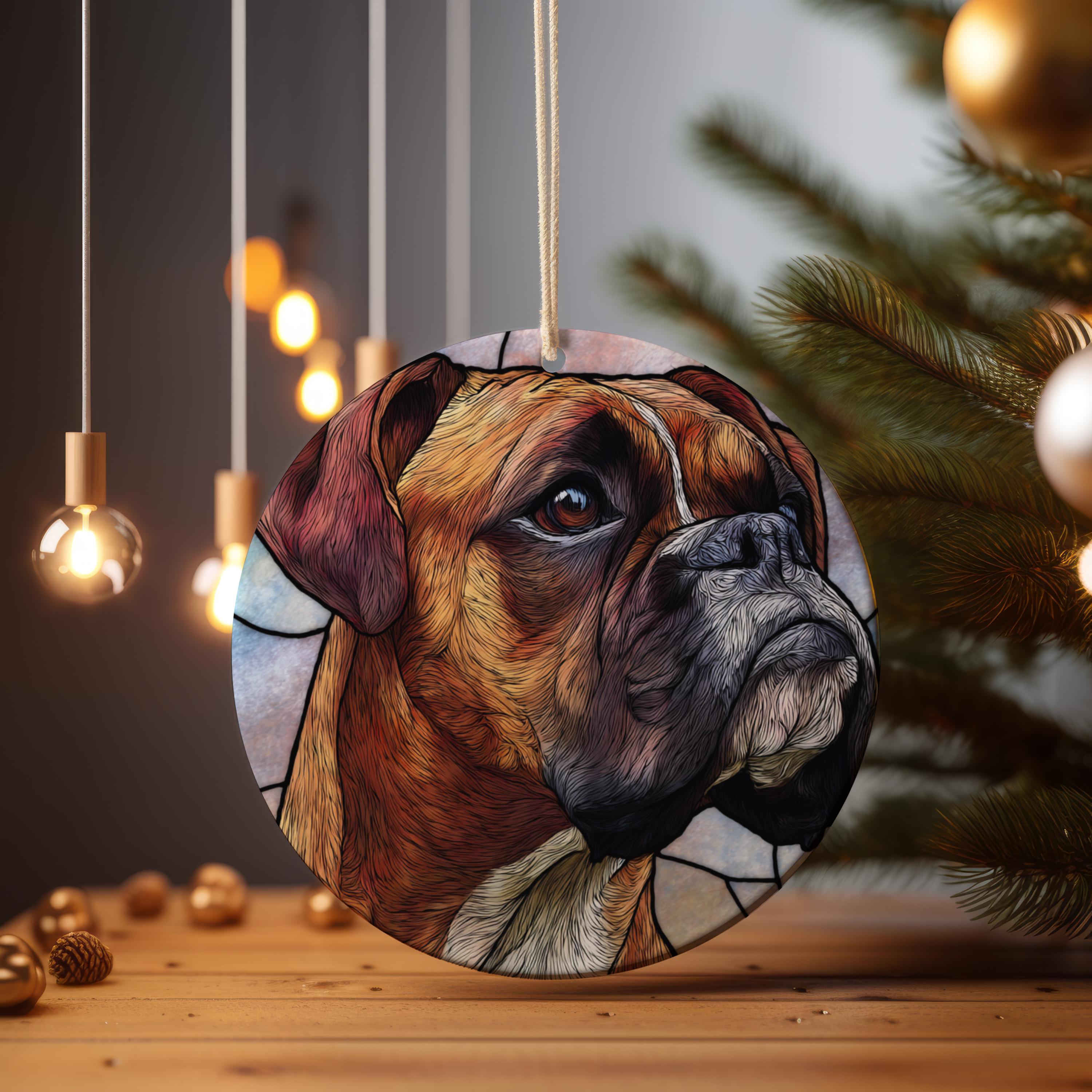 Stained Glass Style Boxer Dog Ornament 2.76" Round Ceramic Pet Lover ...