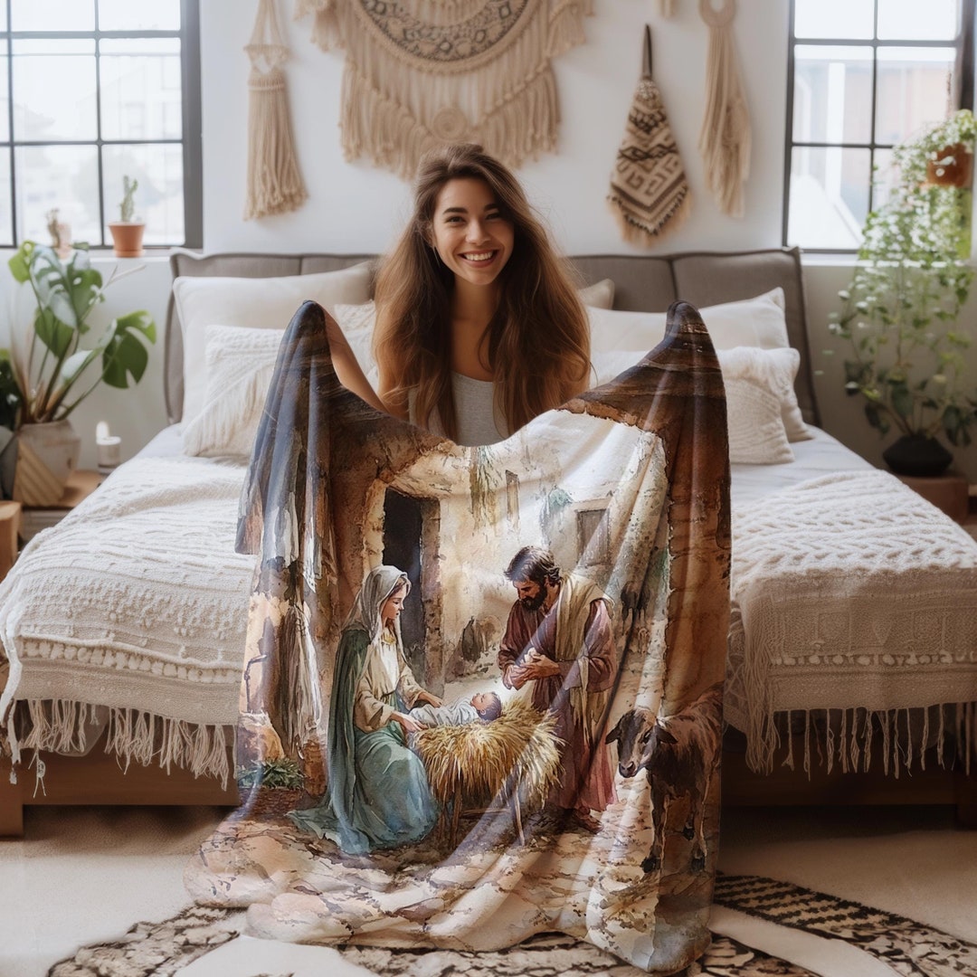 Watercolor Nativity Scene Blanket Nativity Velveteen Plush Blanket Cozy ...