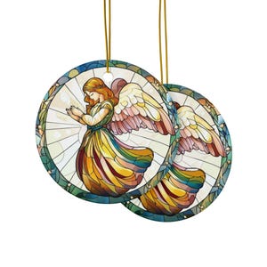 Stained Glass Style Christmas Angel Ornament Winter Birds Christmas ...