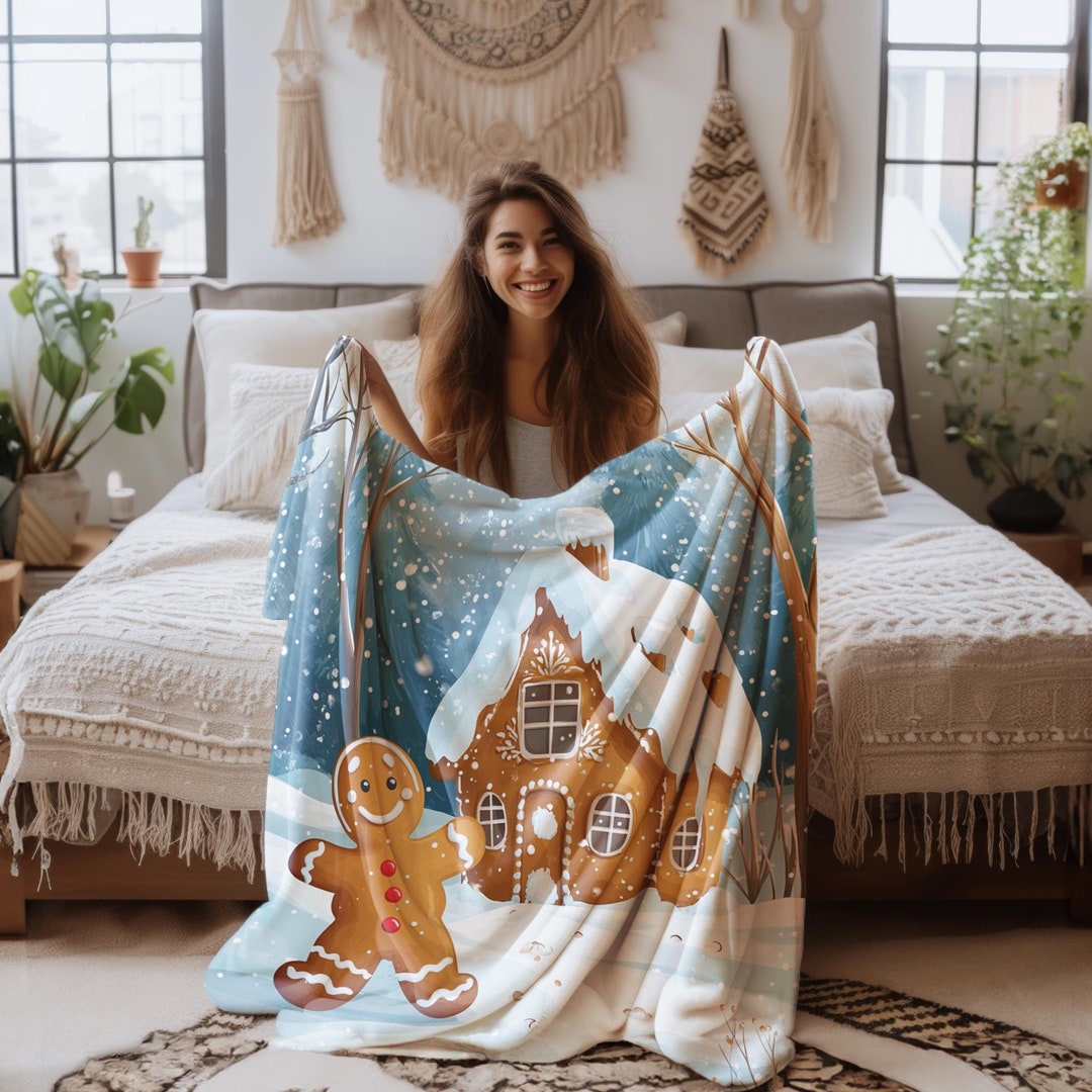 Gingerbread Man & Cottage Blanket Cozy Christmas Decor Blanket Cheerful ...