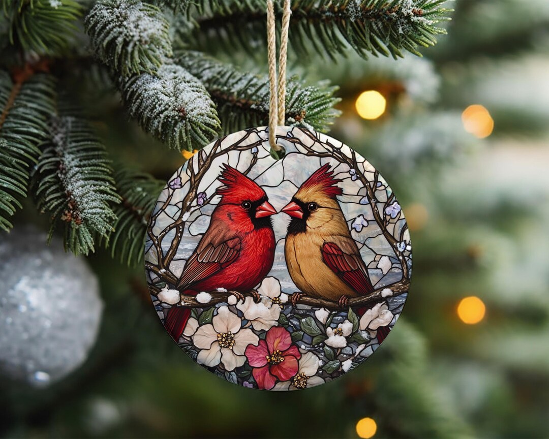 Stained Glass Style Cardinal Pair Ornament Winter Birds Christmas Decor ...