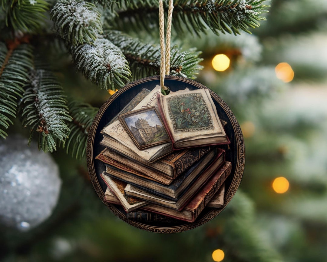 Vintage Stack of Books Ornament Holiday Decor Circular Ceramic Ornament ...