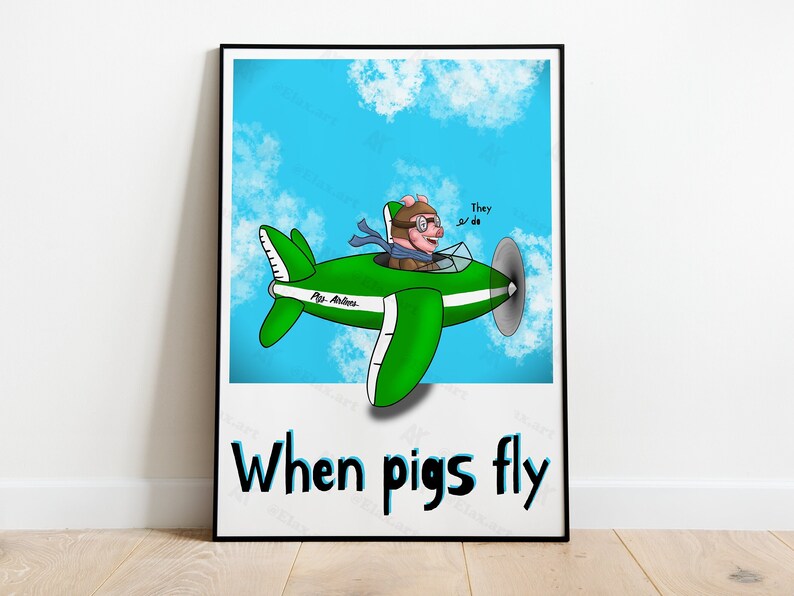 When Pies Fly Digital Poster, Whimsical Pig Illustration, Instant ...