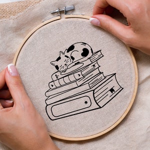 Cute Sleepy Cat on Stack of Books Hand Drawn Digital SVG PNG DXF Cut ...