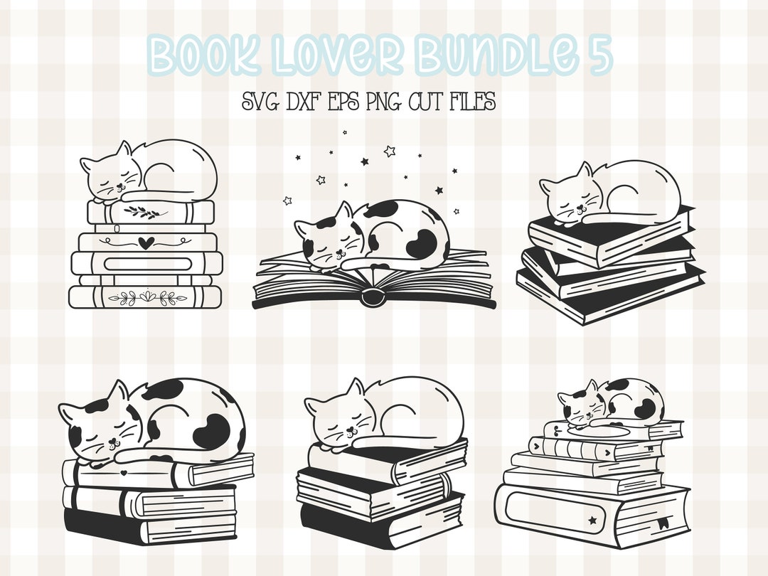 Cute Sleepy Cat on Stack of Books Hand Drawn Digital SVG PNG DXF Cut ...