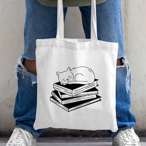 Cute Sleepy Cat on Stack of Books Hand Drawn Digital SVG PNG DXF Cut ...