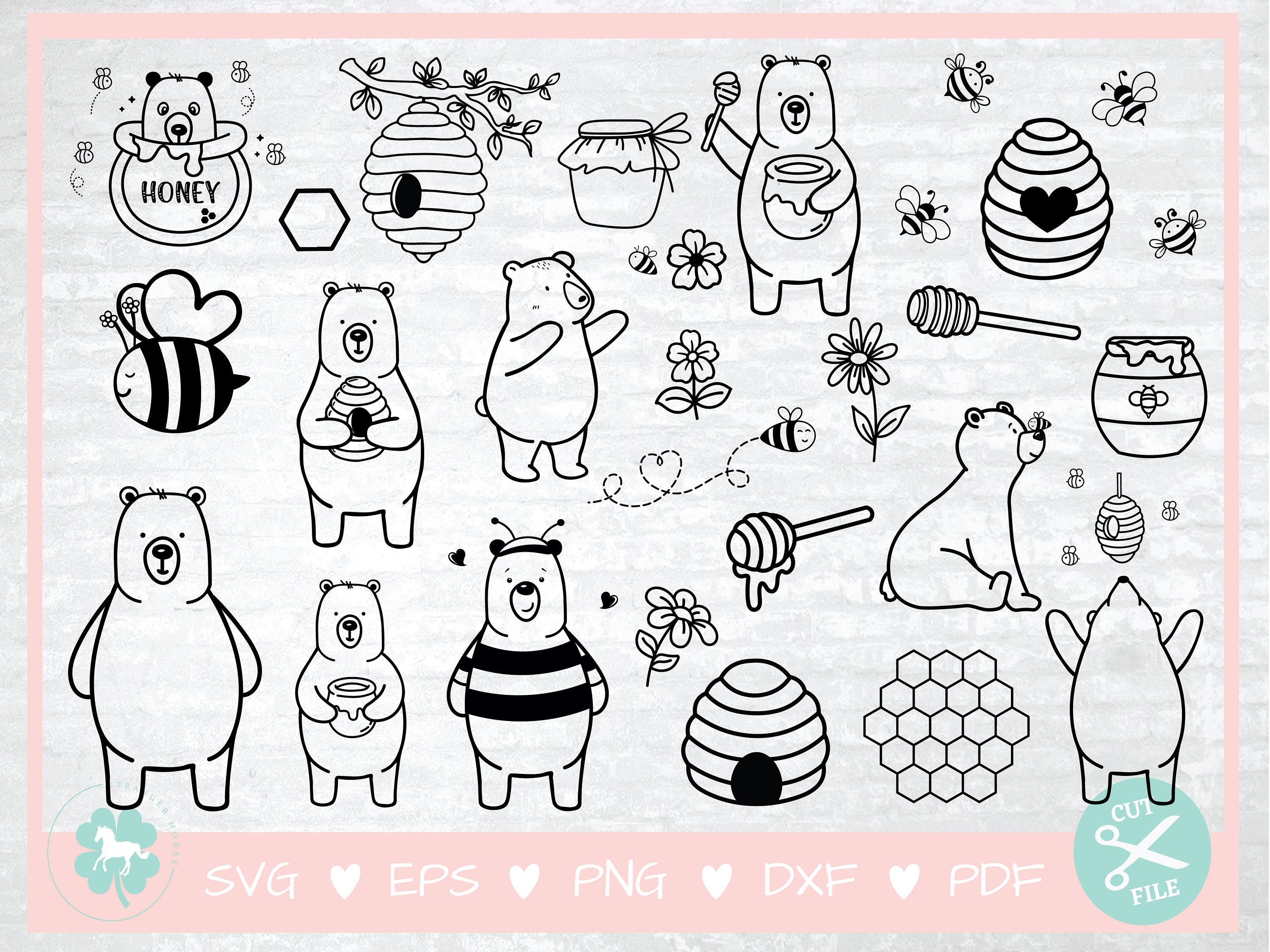 Bear Honey Clipart Bee Honey Outline Doodle Bear Doodle - Etsy UK