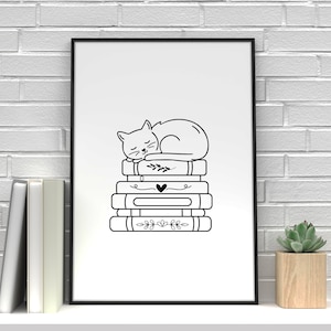 Cute Sleepy Cat on Stack of Books Hand Drawn Digital SVG PNG DXF Cut ...