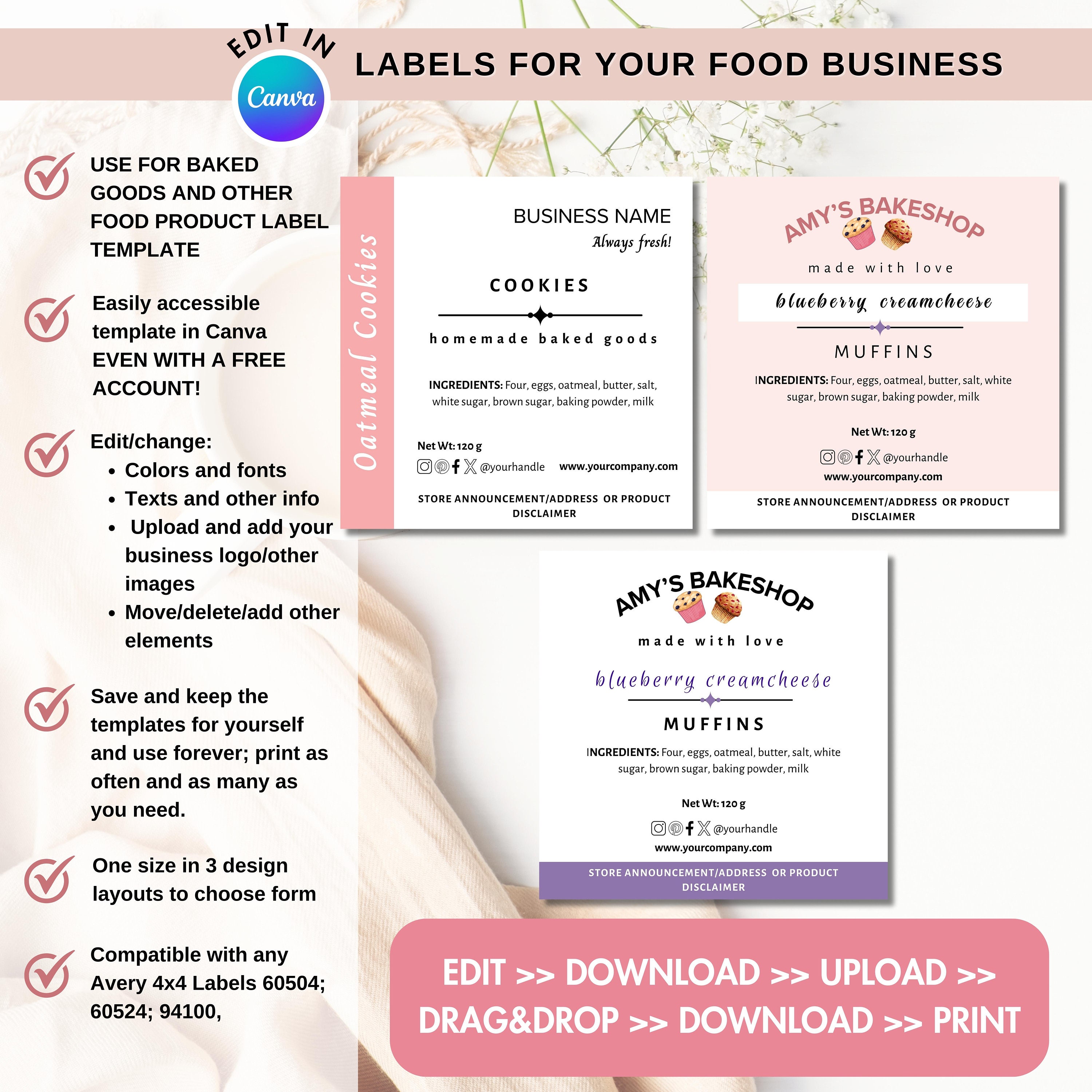 Editable 4x4 Canva Label Templates, Home-baked Goods Label, Cottage ...