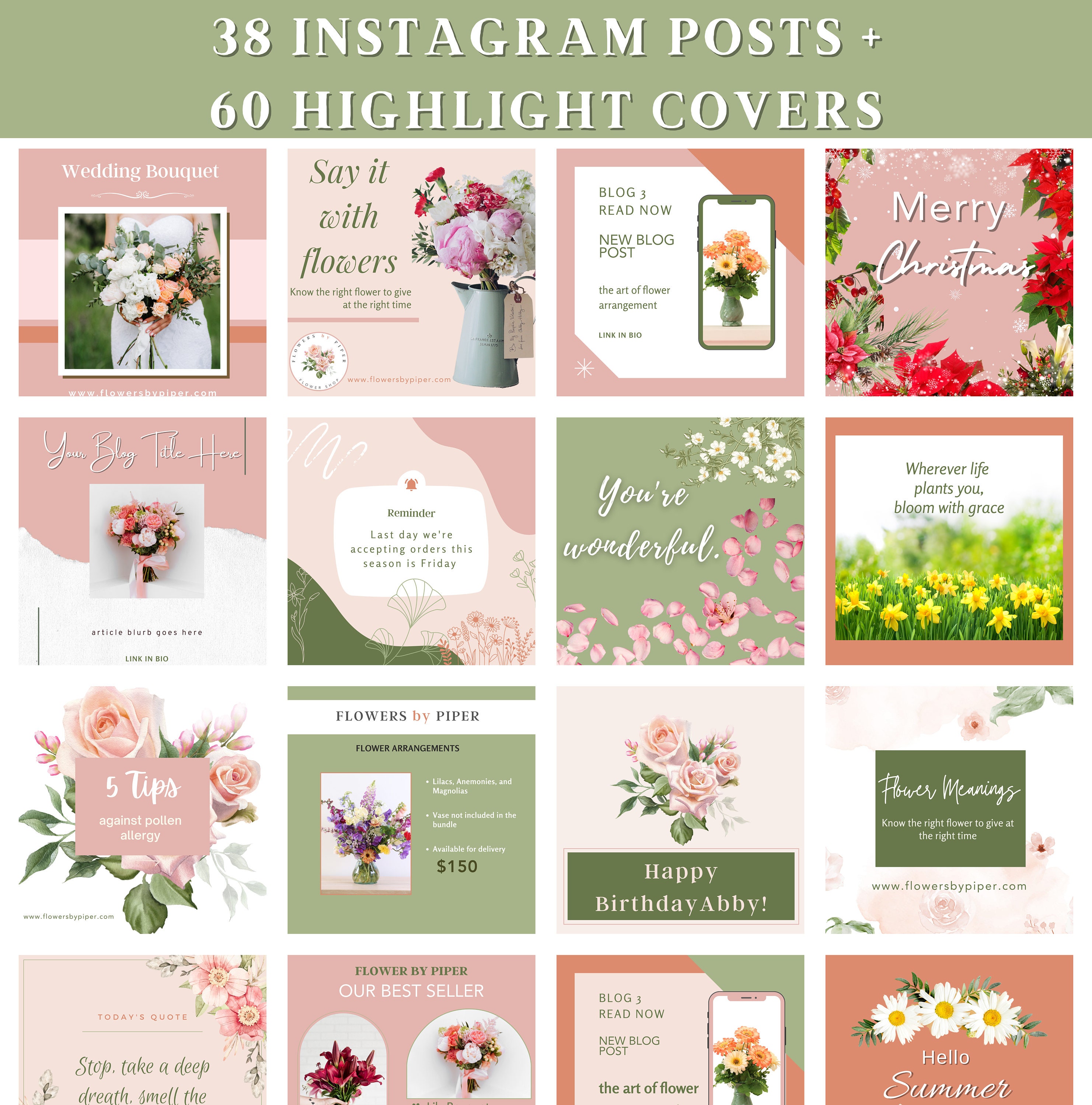 Editable Instagram Post Template and Highlight Cover Bundle, Flowershop ...