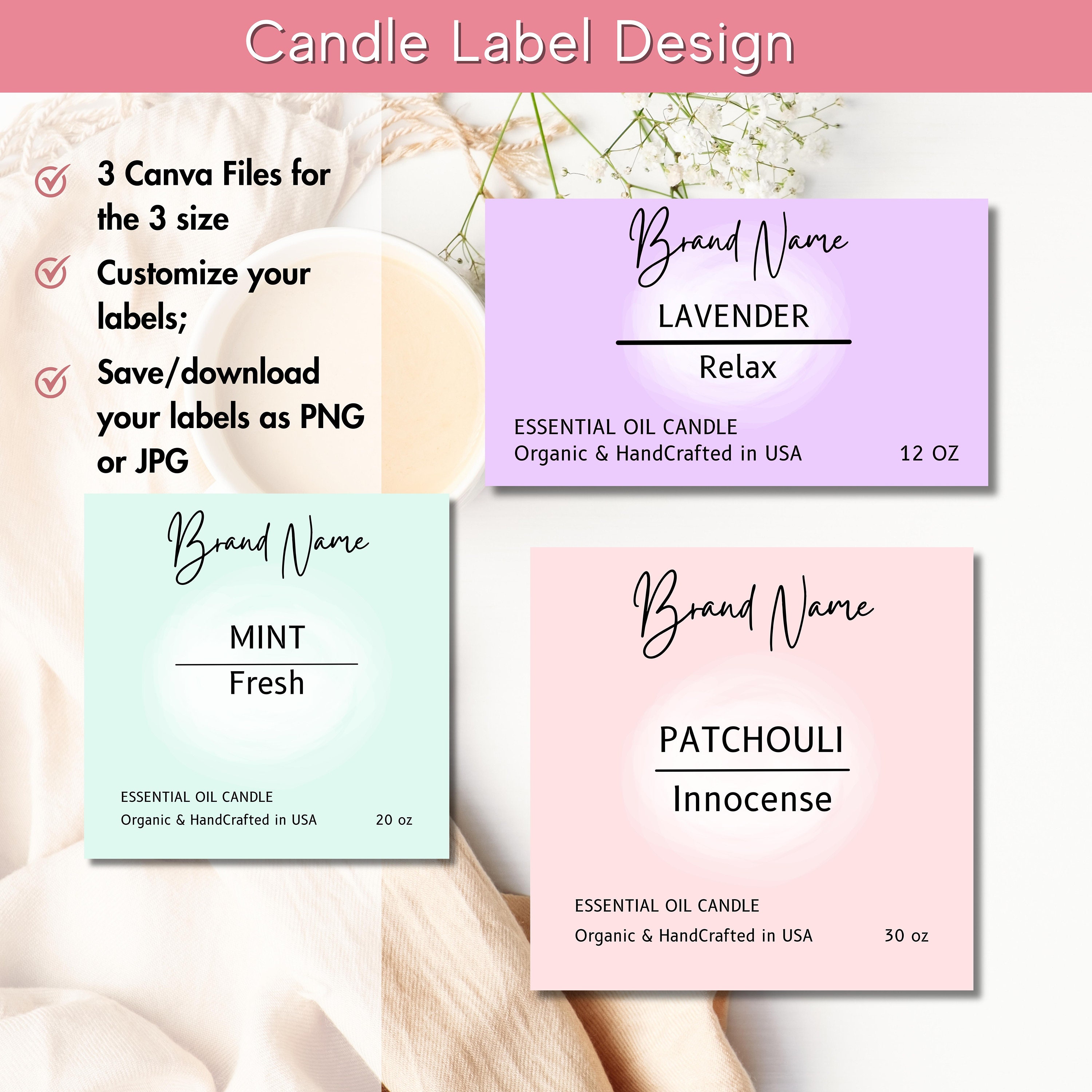 Editable Candle Labels, Pastel Labels in Canva Templates, 3 Sizes ...