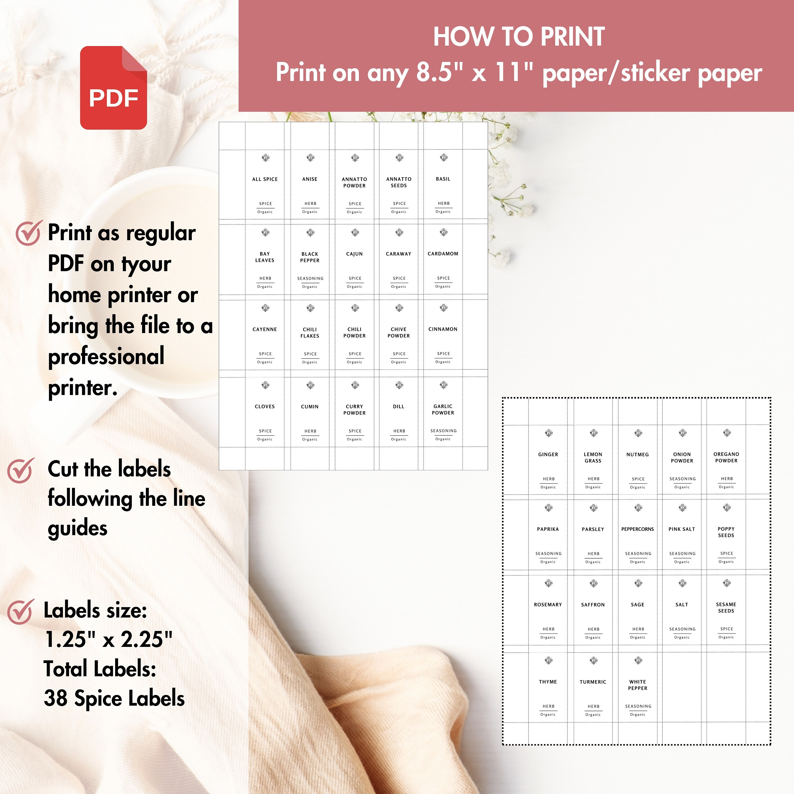 Printable Spice Jar Labels in PDF, Modern Minimalist Spice Labels ...