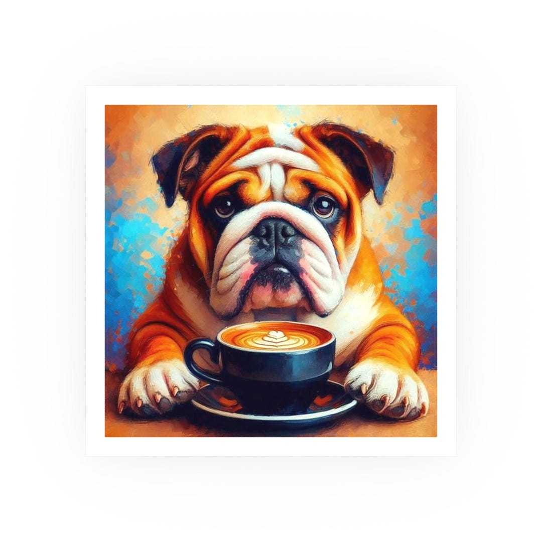 Bulldog Brew Art Print: Bulldog Drinking Coffee 8x8 or 12x12, Satin or ...