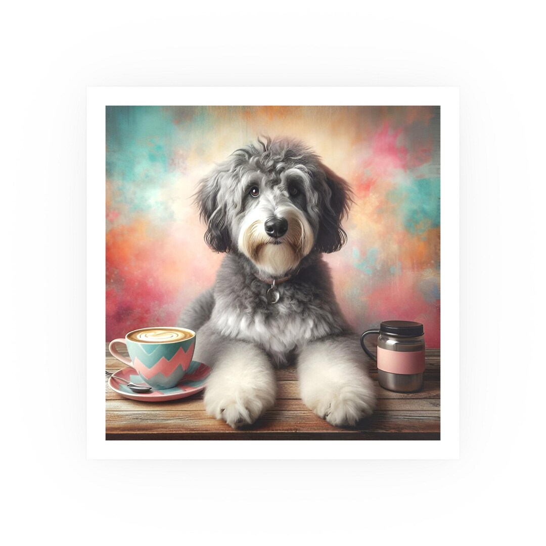 Sheepadoodle Steamer Art Print; Sheepadoodle Drinking Coffee; 8x8 or ...