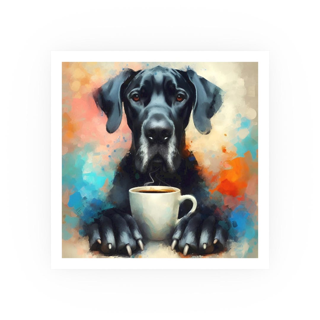 Great Dane Day Starter; Black Great Dane Drinking Coffee 8x8 or 12x12 ...