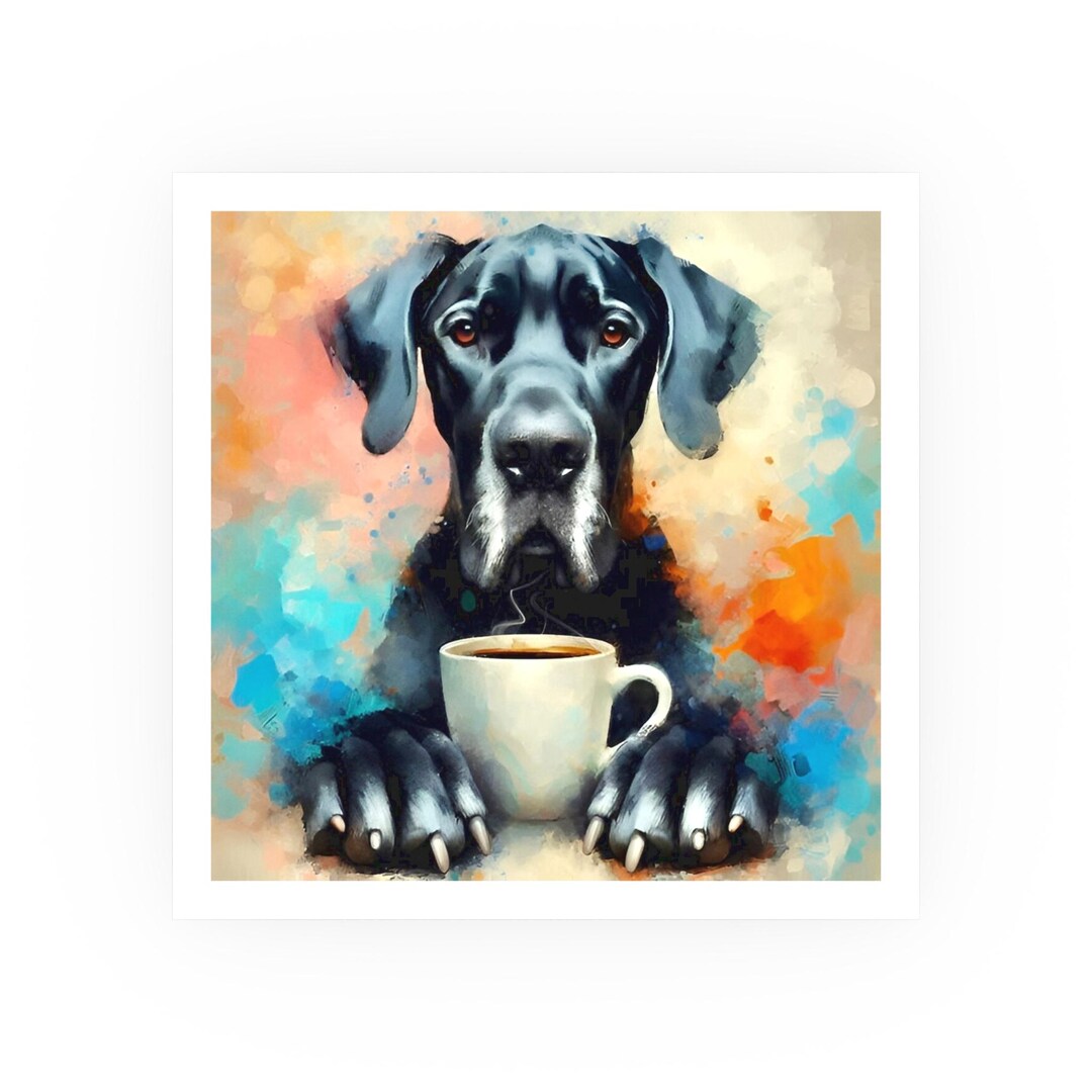 Great Dane Day Starter; Black Great Dane Drinking Coffee 8x8 or 12x12 ...