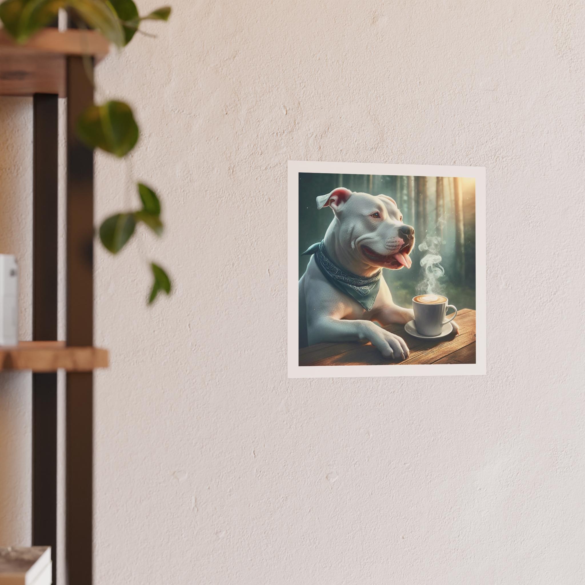 Pit Bull Perk Art Print: White Pit Bull Drinking Coffee; 8x8 or 12x12 ...