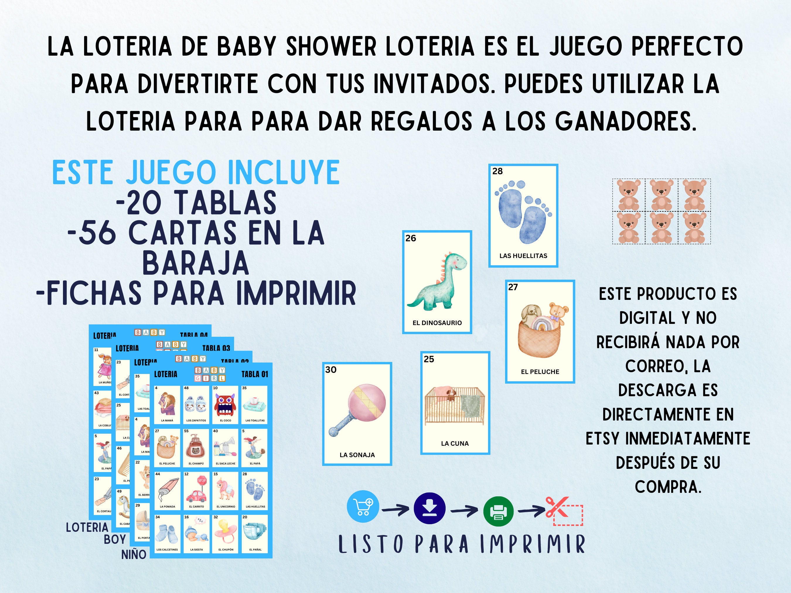 Loteria Baby Shower De Niño, 20 Non-repeated Boards 56 Custom Calling ...