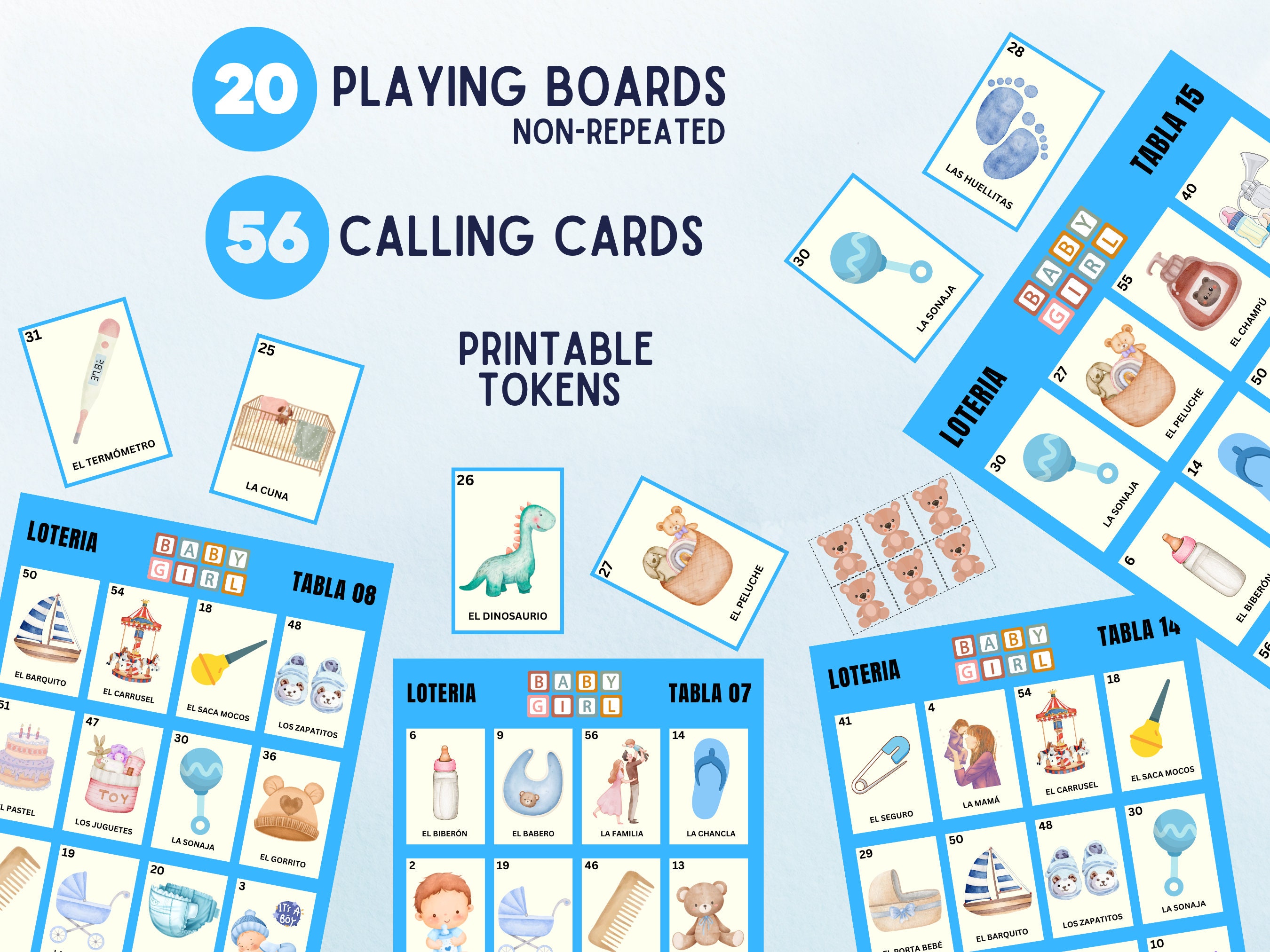 Loteria Baby Shower De Niño, 20 Non-repeated Boards 56 Custom Calling ...