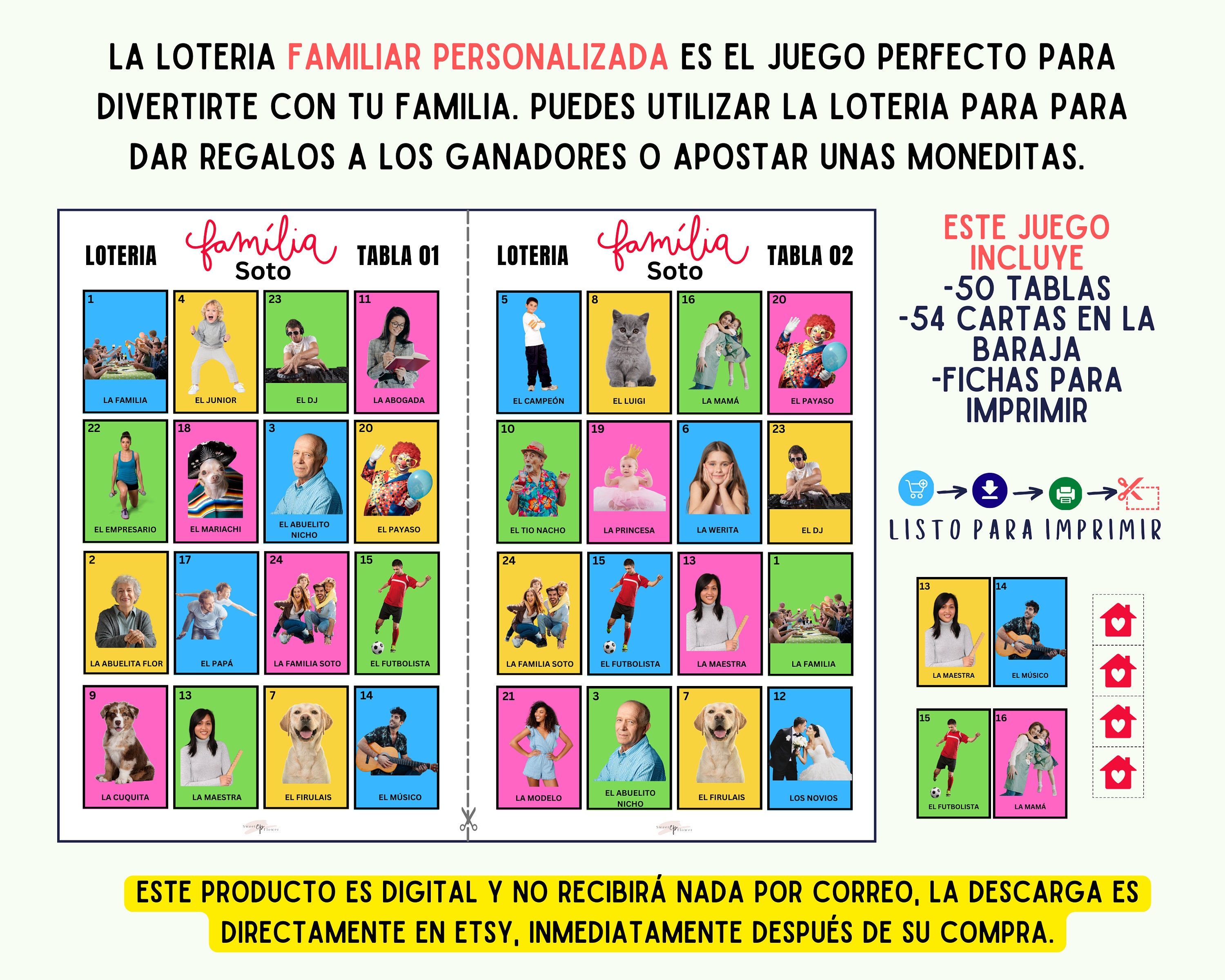50 Tablas LOTERIA FAMILIAR, CUSTOM Loteria, Family Bingo, Your Pictures ...