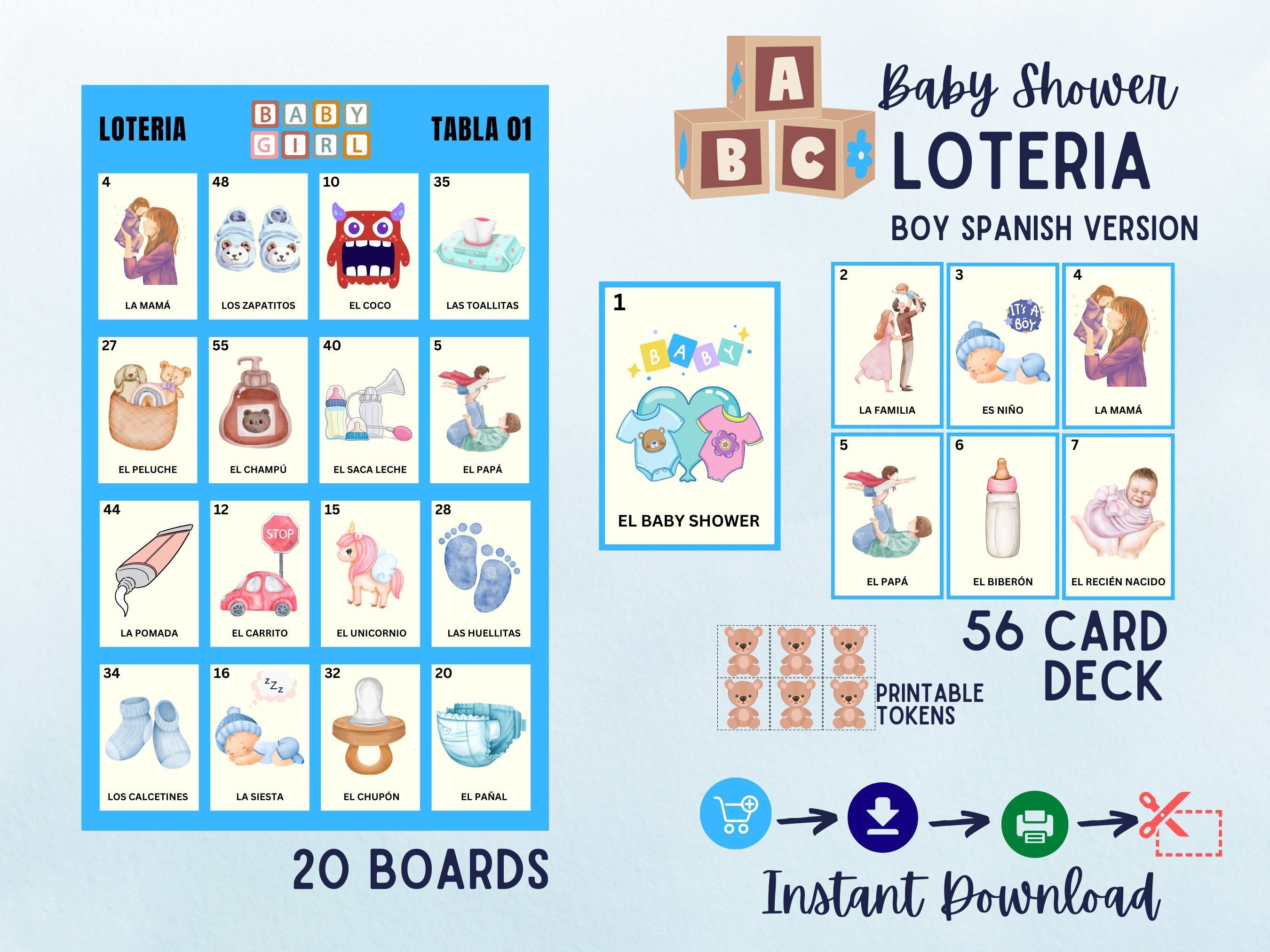 Loteria Baby Shower De Niño, 20 Non-repeated Boards 56 Custom Calling ...