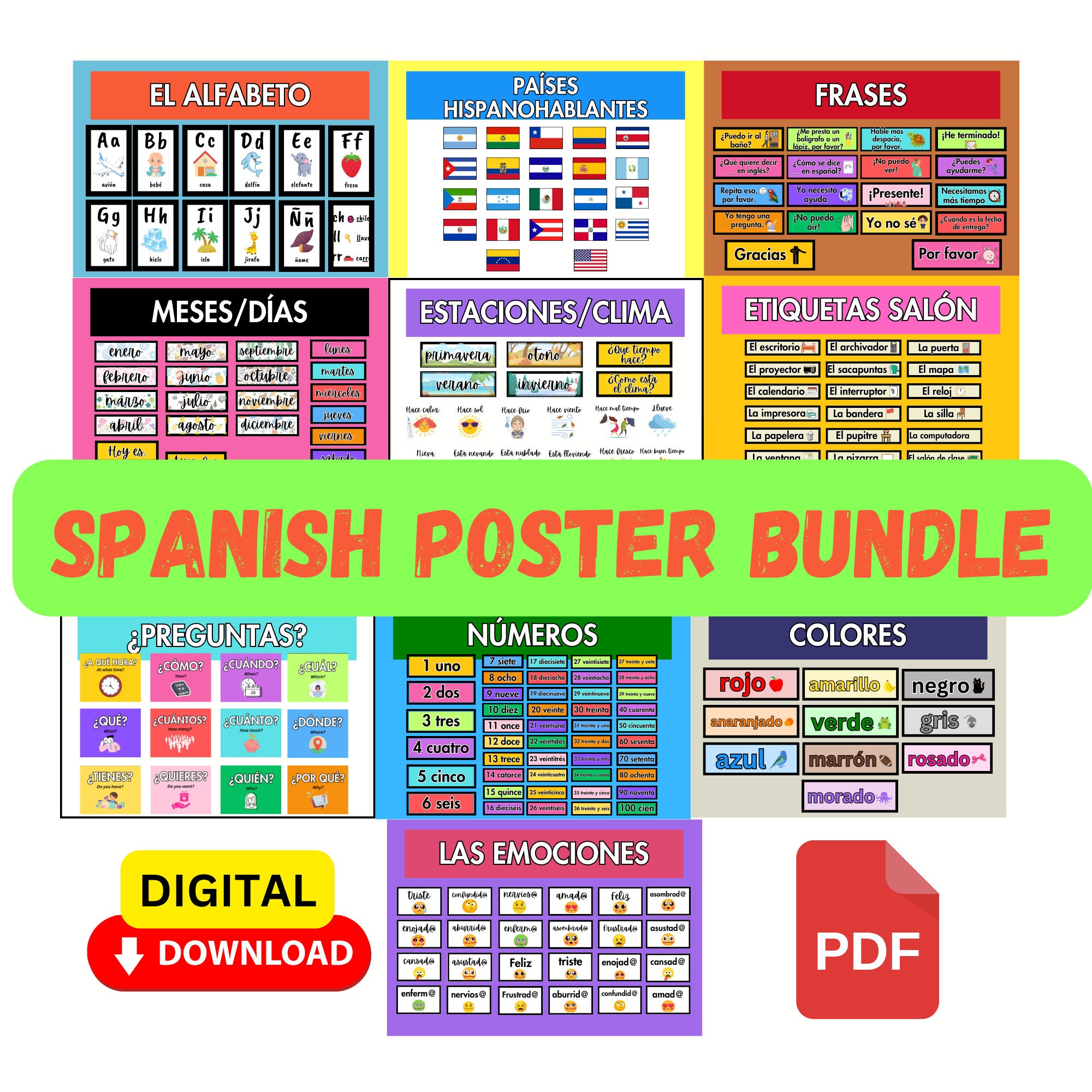 Spanish Poster Set Classroom Bundle: Alphabet, Countries, Months, Days ...