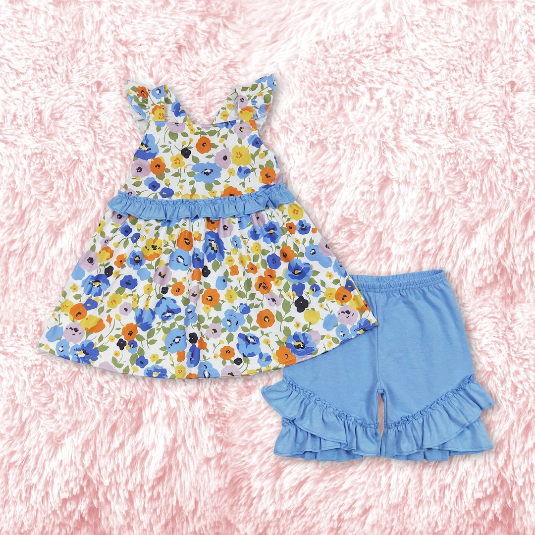 Toddler Girl Clothes,girl Summer Outfit,blue Floral Set,baby Girl ...