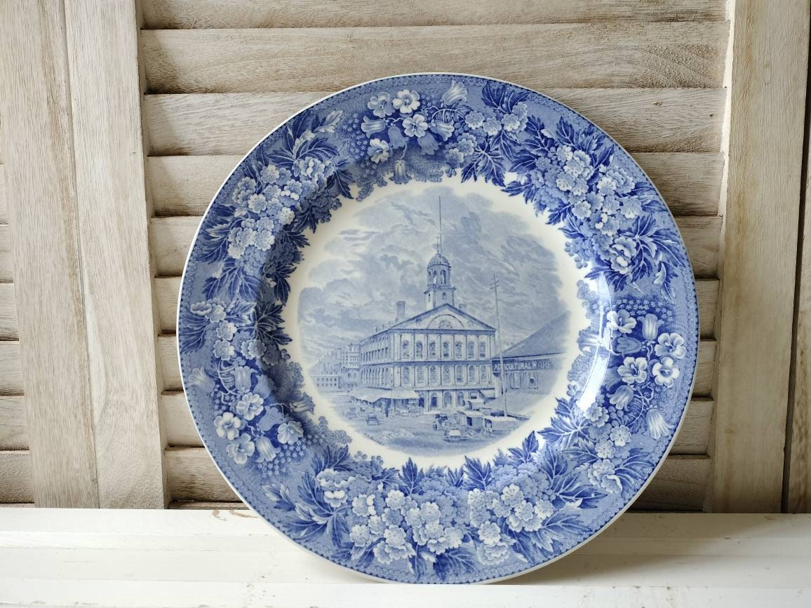 Wedgwood Blue & White Transferware Plate Boston Faneuil Hall Gradle of ...