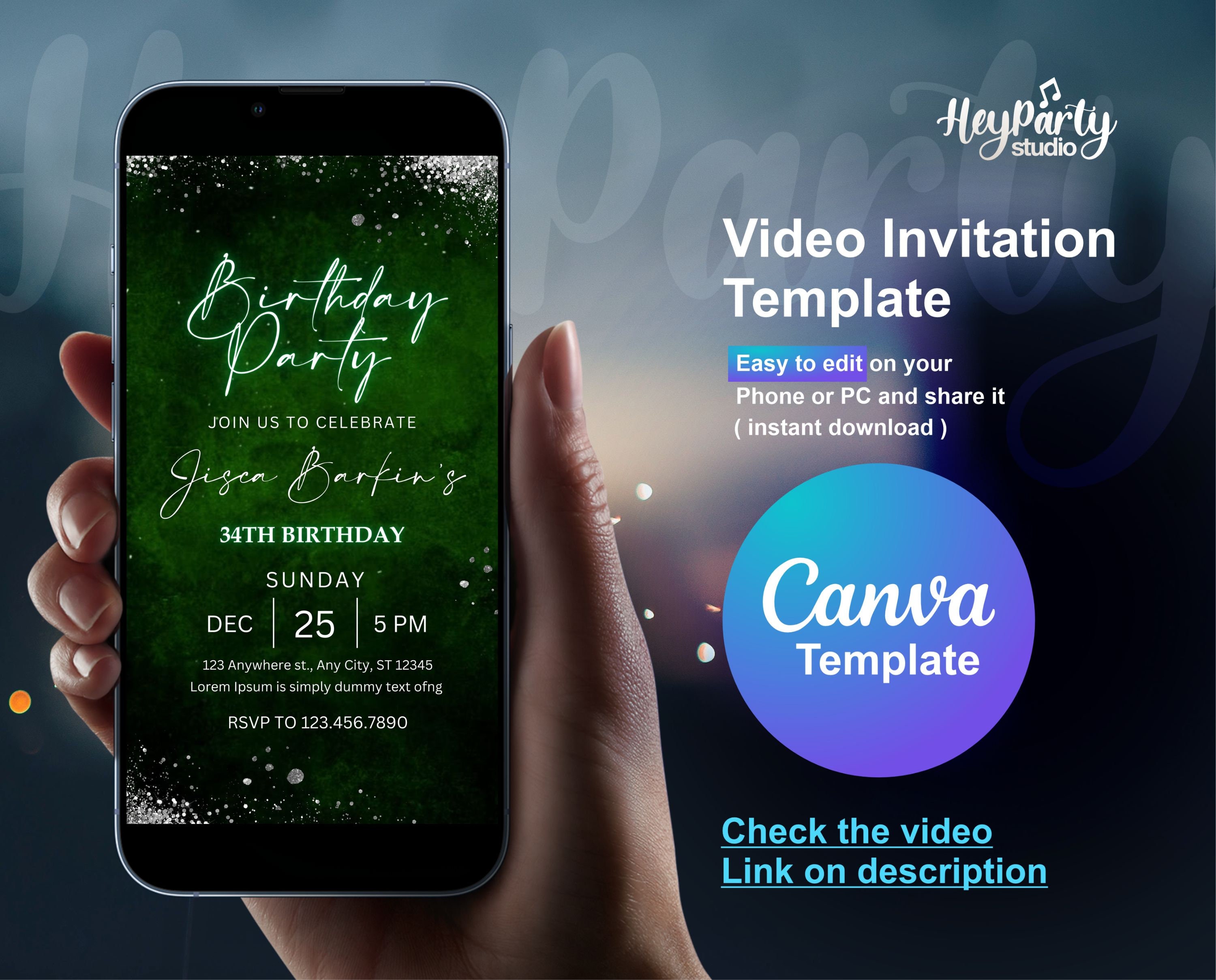 Editable Emerald Green Birthday Party Invitation, Electronic Party ...