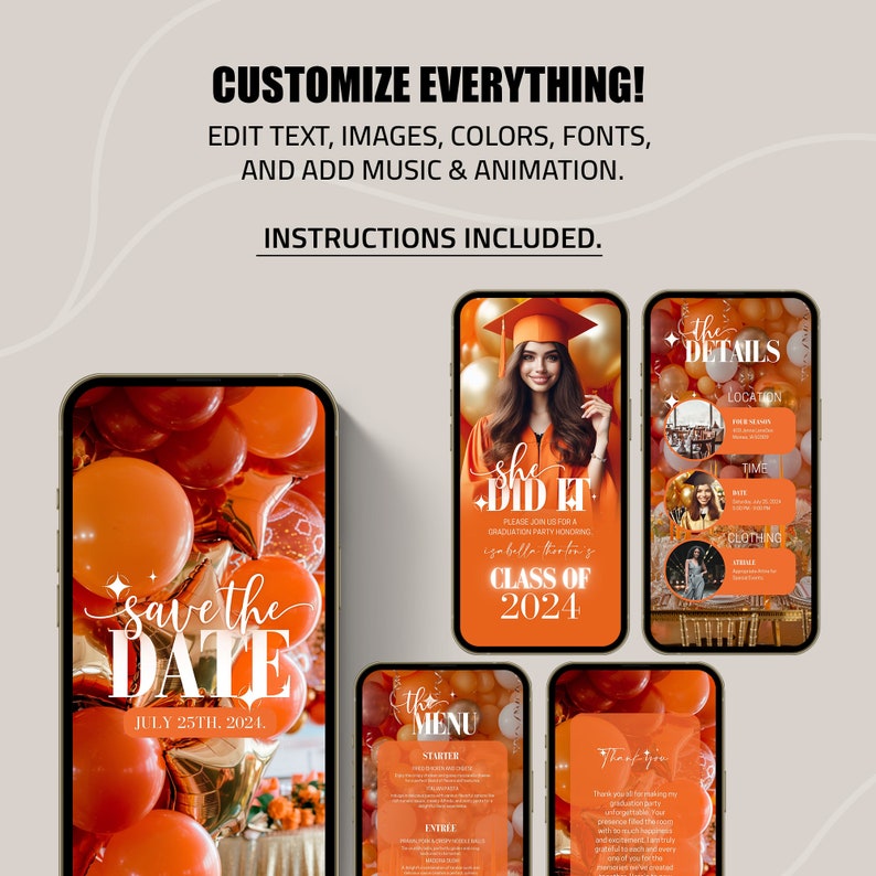 Digital 2024 Graduation Invitation Canva Template, Orange, Grad ...