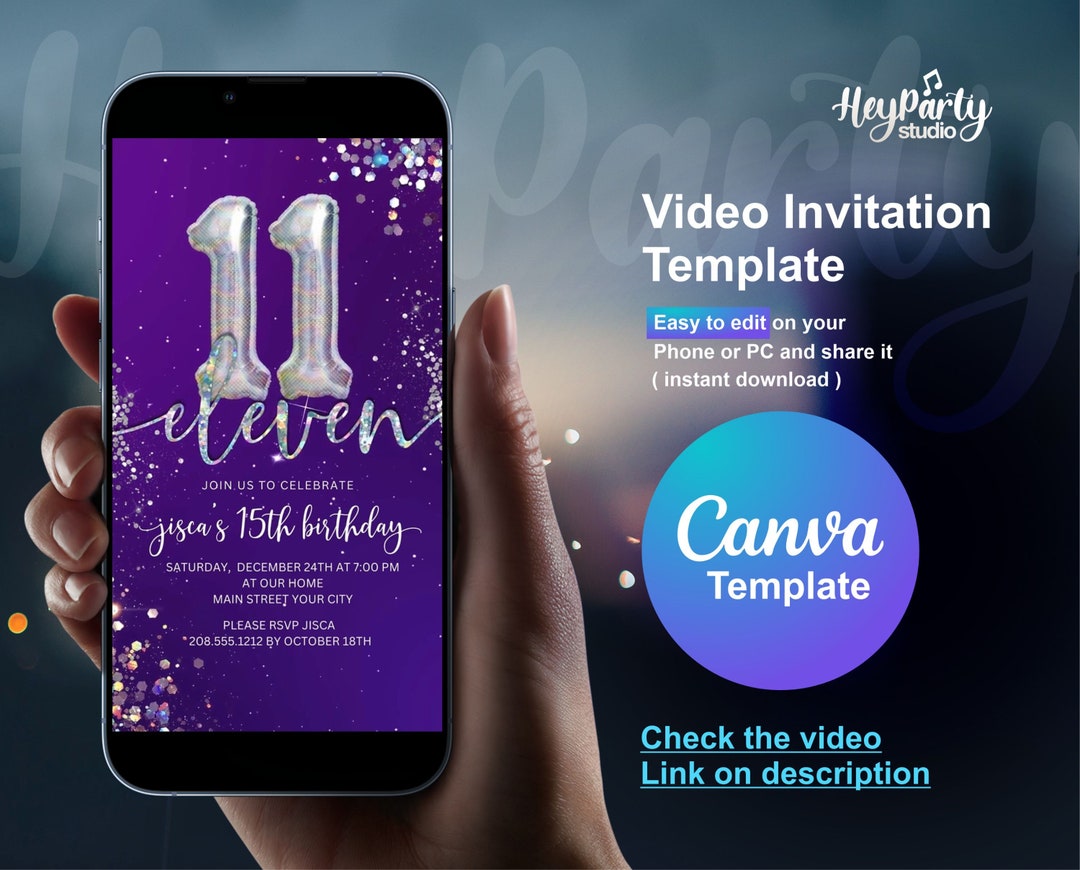 Animated 11th Birthday Party Invitation: Purple and Silver Glitter Balloon Theme age NOT ...