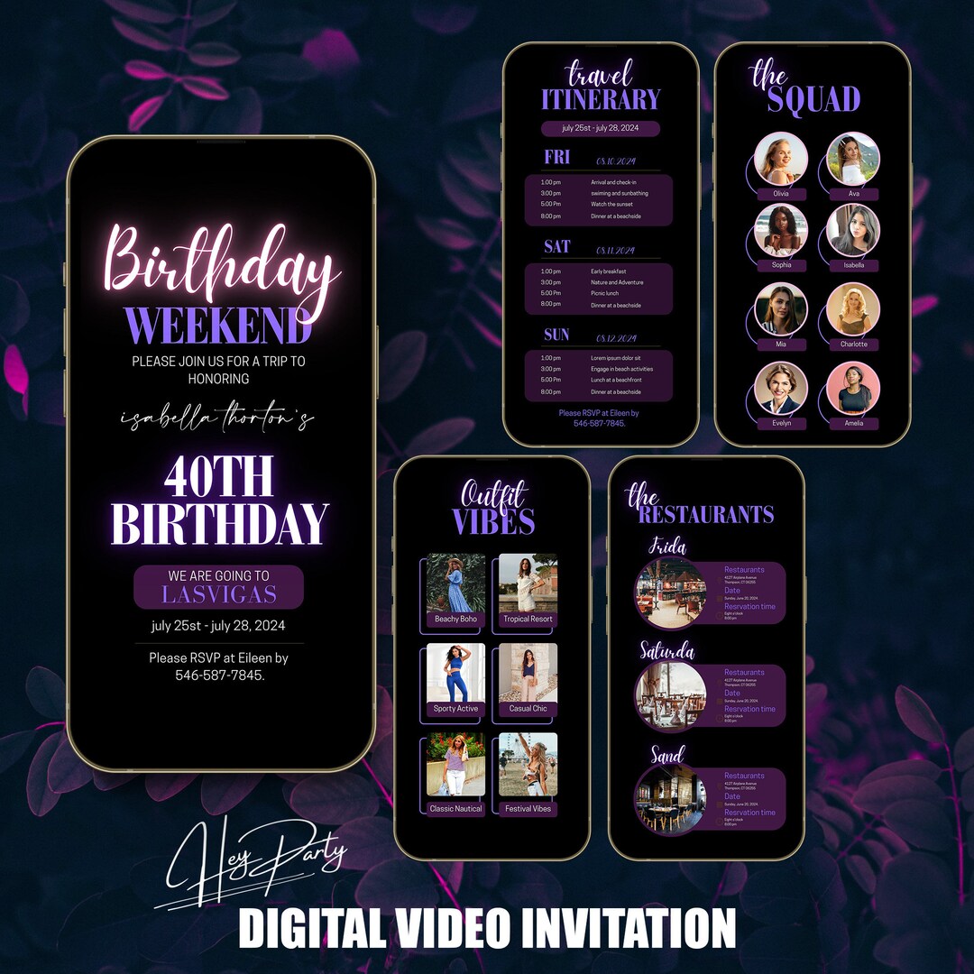 Editable Dark Purple and Pink Digital Birthday Weekend Itinerary ...