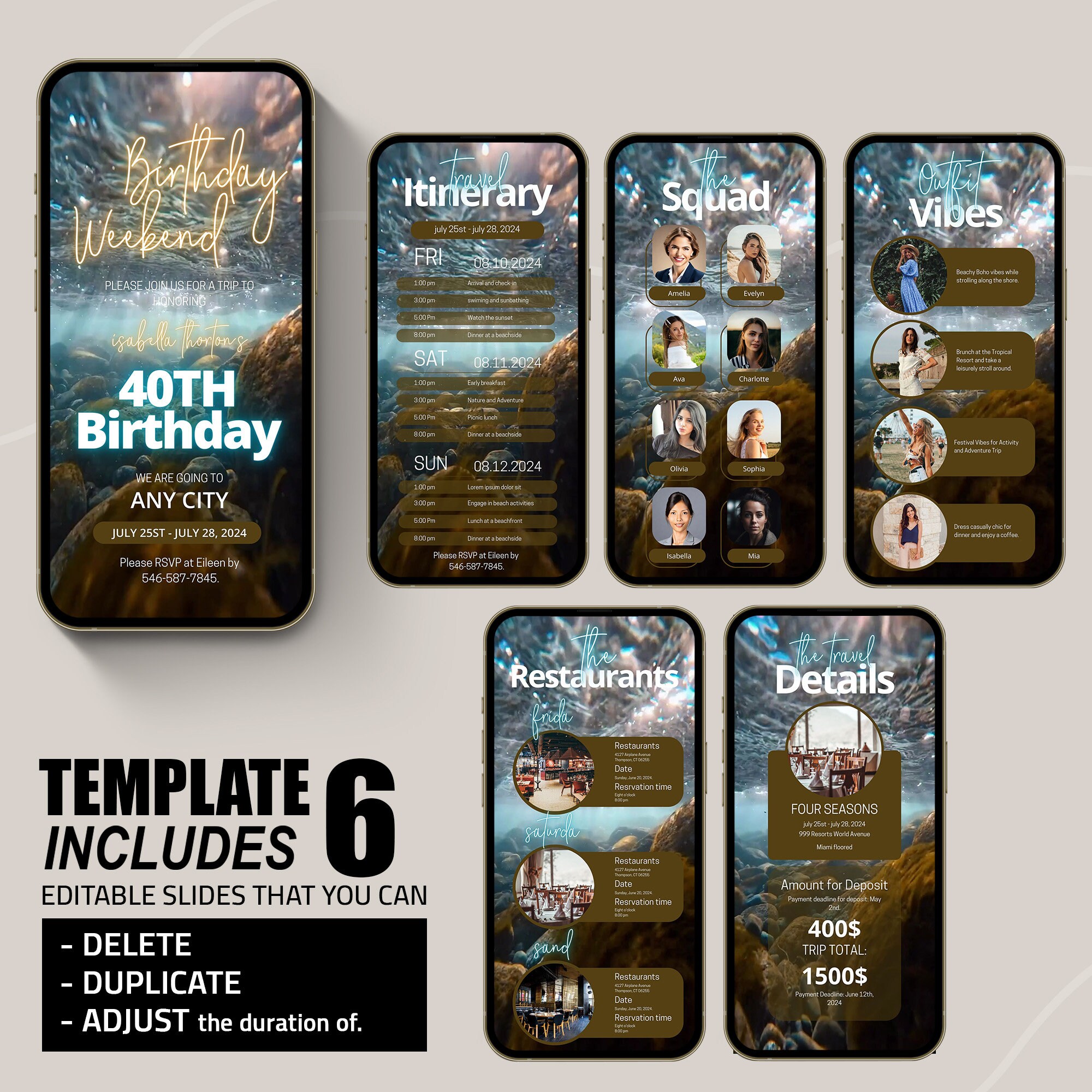 Editable Blue Sky and Green Digital Beach Bachelorette Itinerary ...