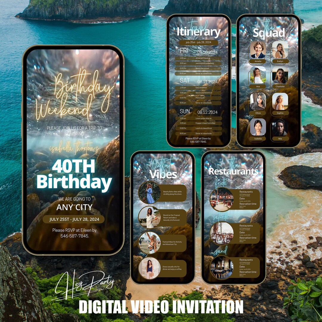 Editable Blue Sky and Green Digital Beach Bachelorette Itinerary ...