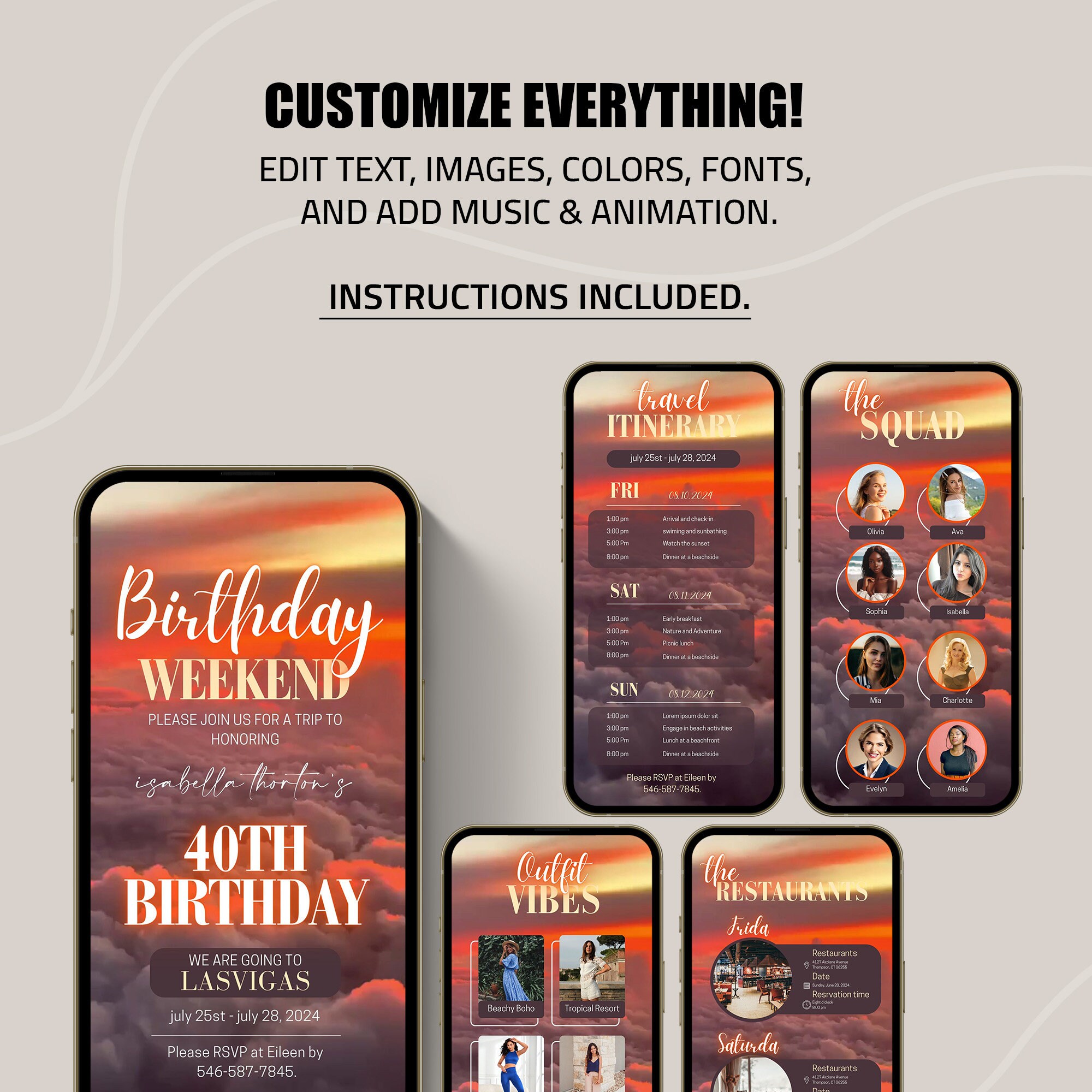 Editable Travel Invitation 50th Birthday Orange and Gold Digital ...