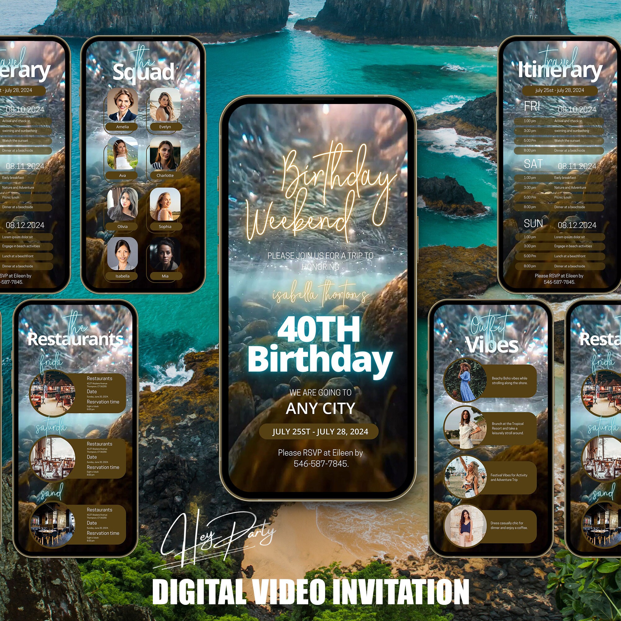 Editable Blue Sky and Green Digital Beach Bachelorette Itinerary ...